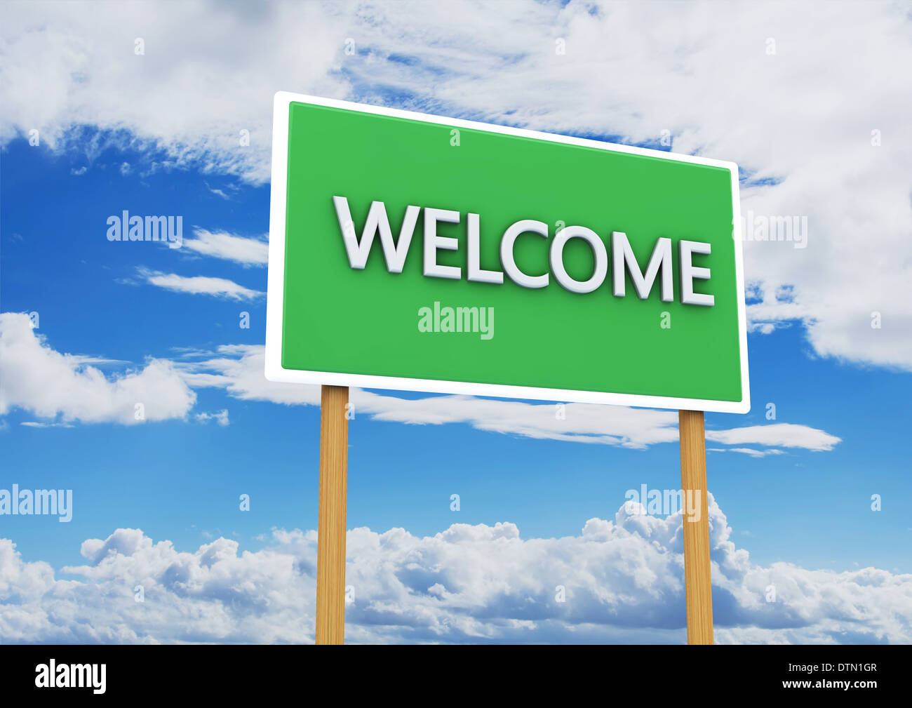 3d welcome sign in green on sky background Stock Photo - Alamy