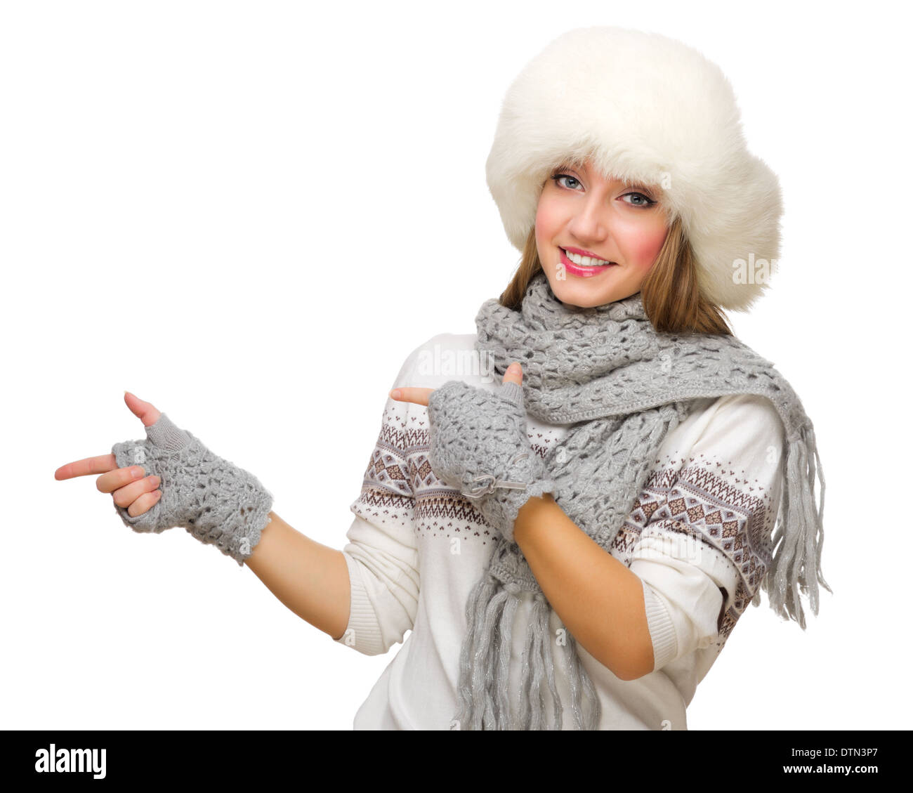 Young girl shows pointing gesture isolated Stock Photo - Alamy
