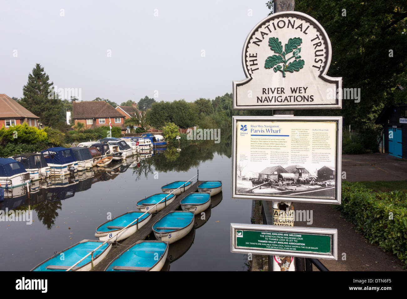 River Wey Navigations sign by the National Trust, Byfleet, Surrey, UK ...