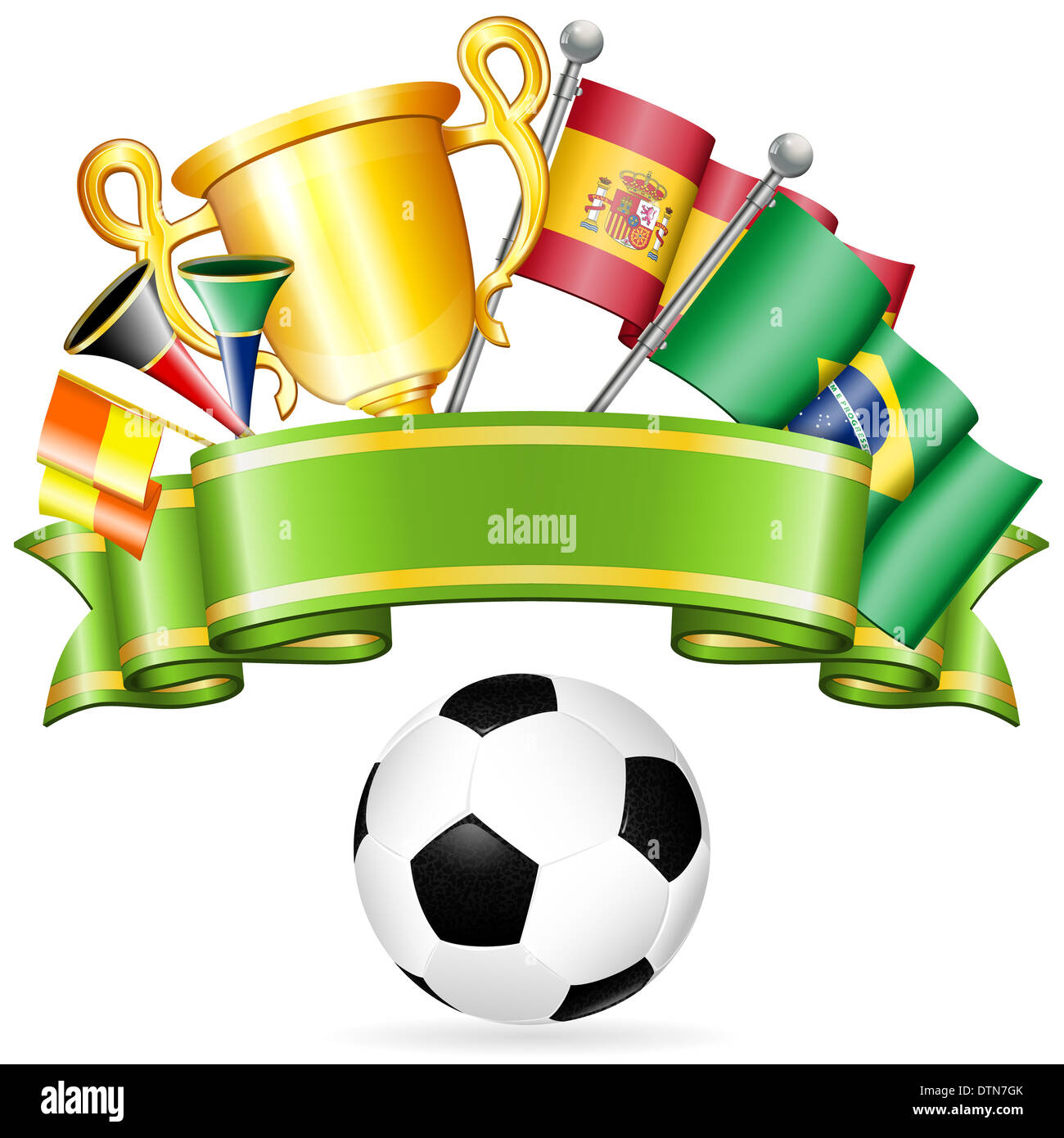 Soccer Poster with Soccer Ball, Flags, Gold Trophy and ribbon, isolated ...