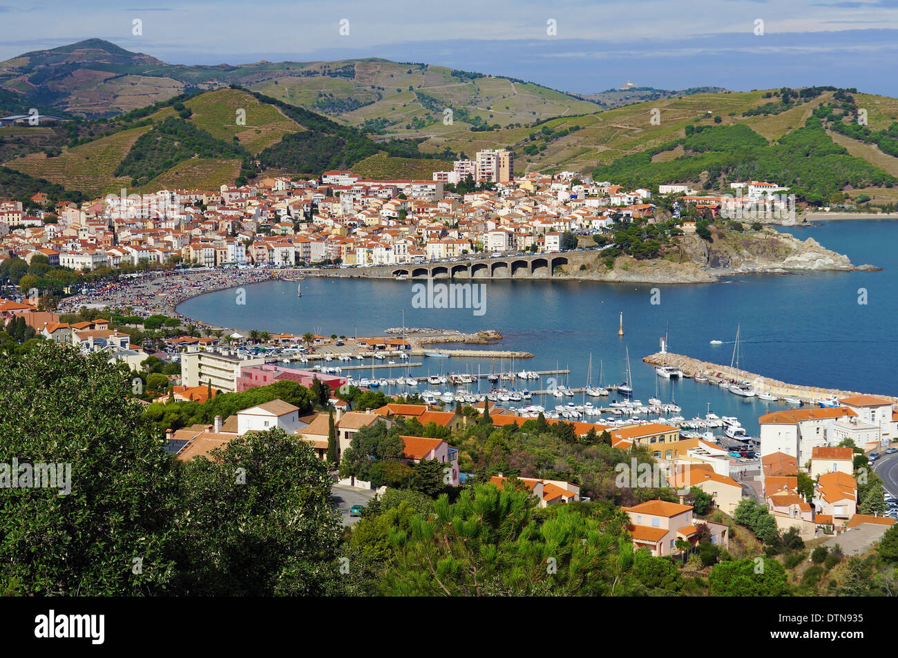 Aerial view of Banyuls-sur-Mer, coastal town in the south of France ...