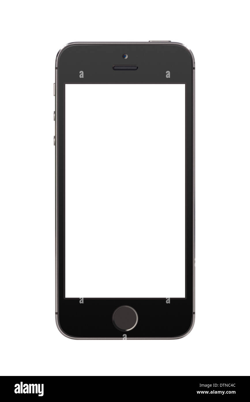 Directly front view of a modern black mobile smart phone with blank ...