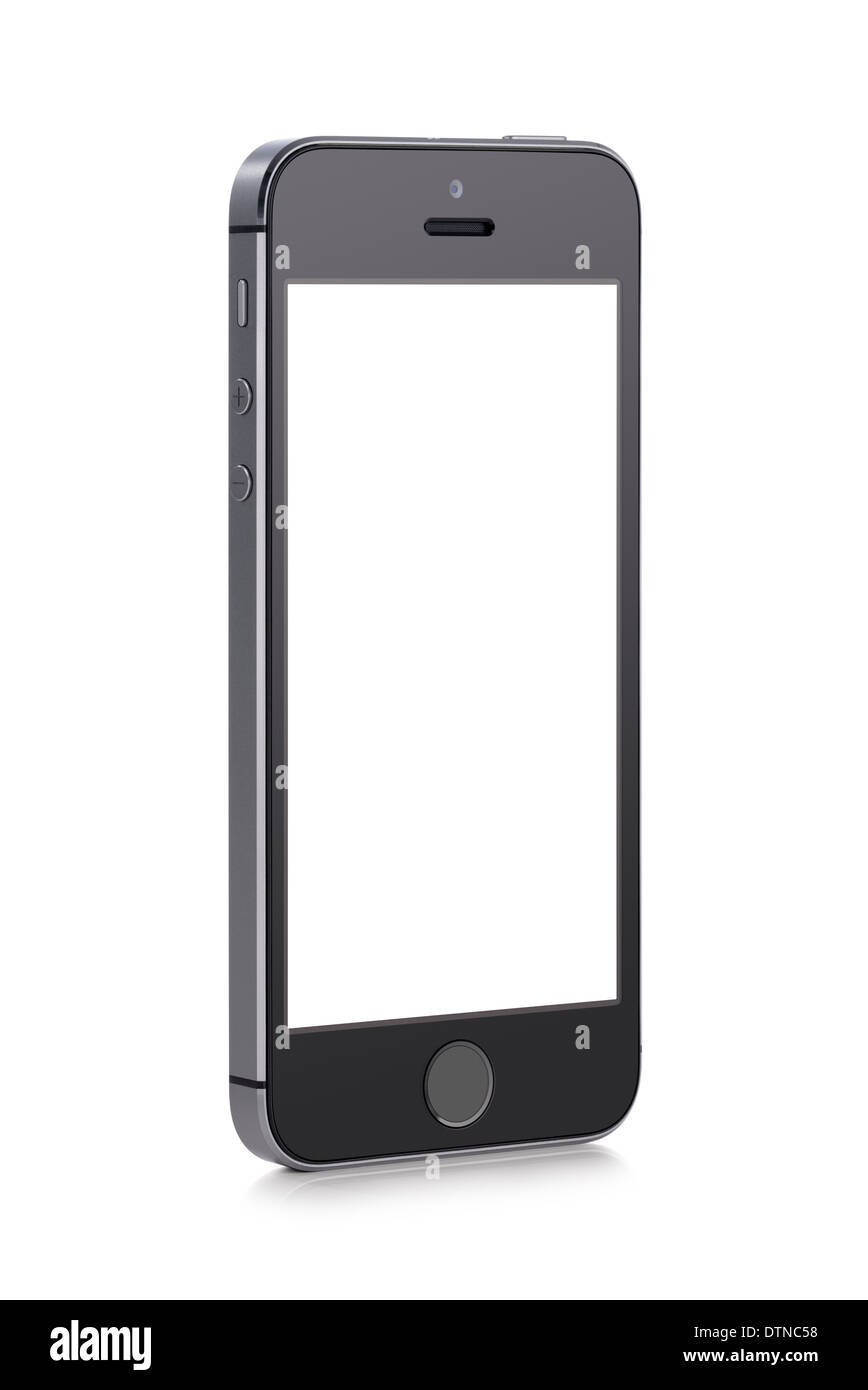 Bottom up view of rotated at a slight angle black modern mobile smart ...