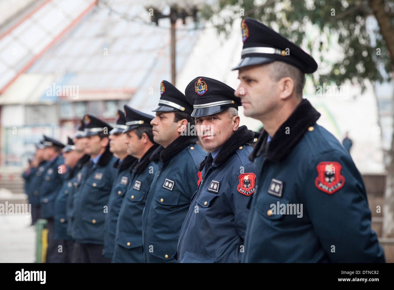 Tirana, Albania. 20th Feb, 2014. Police lined up near the park adjacent ...