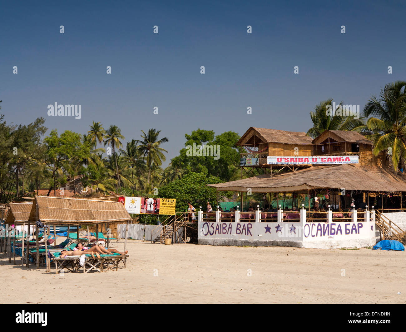 India, Goa, Mandrem beach, O’Saiba bar with signs in English and ...