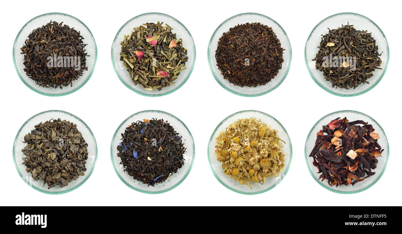 Assortment of dried tea leaves. Different kinds of green tea, black tea ...