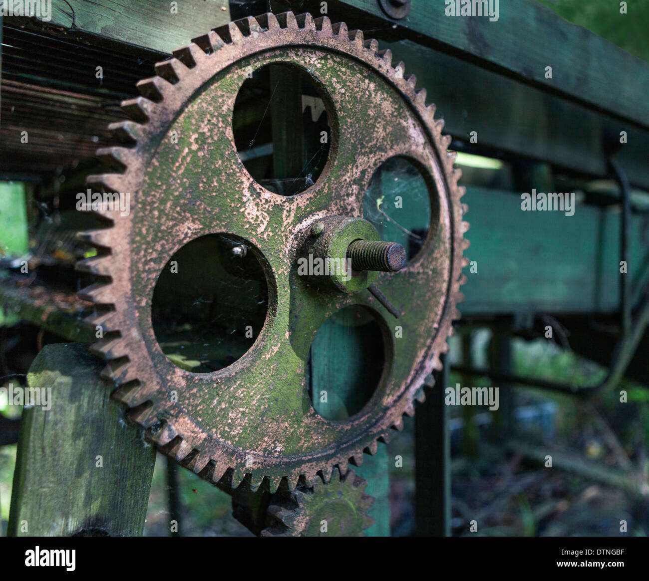 Cogs of wheel on old farming equipment on a farm in the Spreewald ...