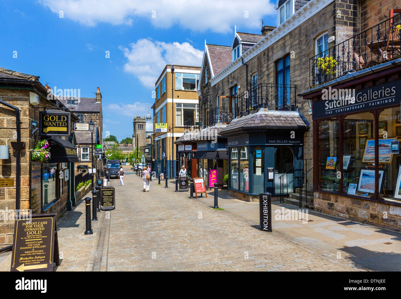 Shops on Montpelier Street in the old town centre, Harrogate, North ...