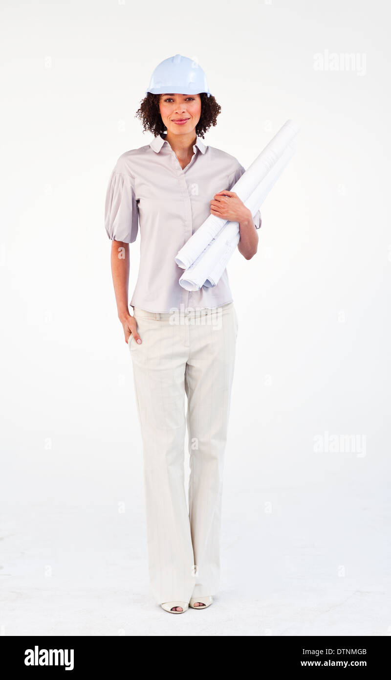 Architect woman holding blueprints Stock Photo - Alamy