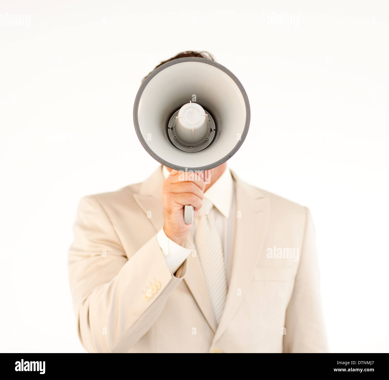 Caucasian businessman using a megaphone Stock Photo - Alamy