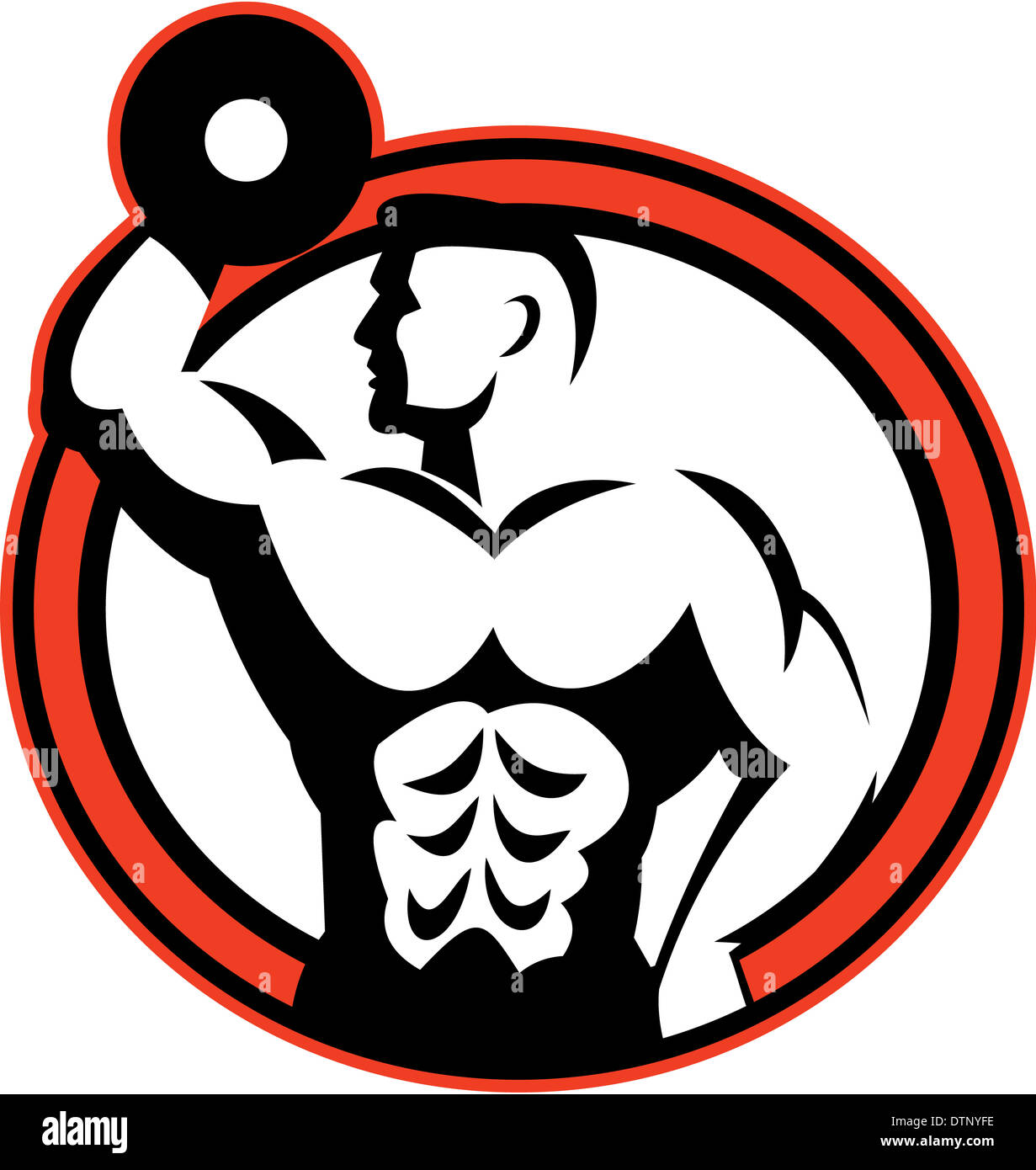 Illustration of a bodybuilder lifting dumbbell flexing muscles viewed ...