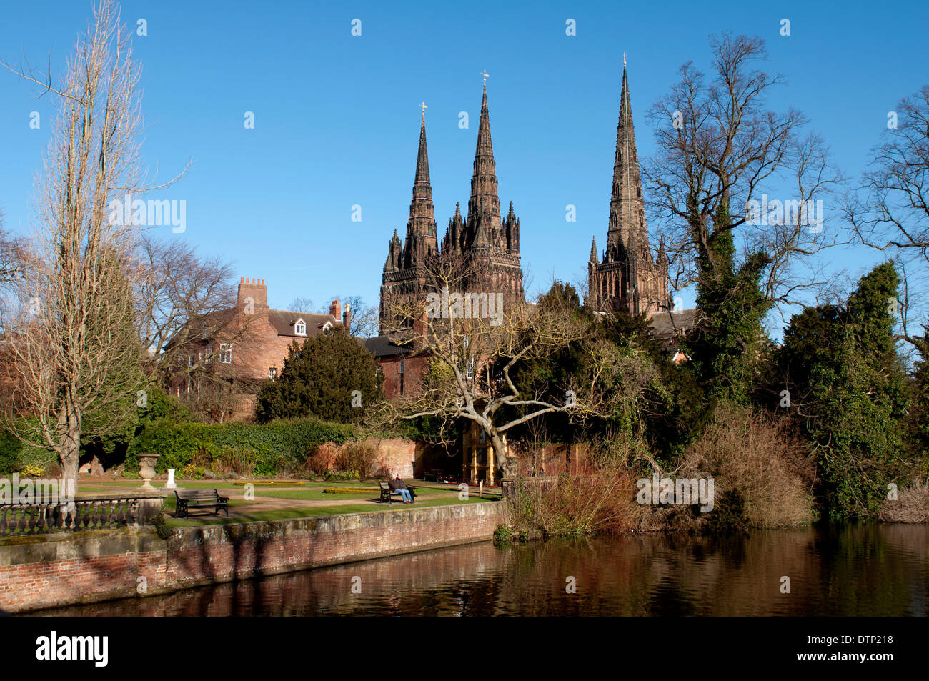 Lichfield Cathedral seen across the Minster Pool, Staffordshire, UK ...