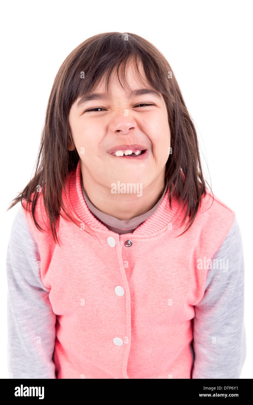 Funny young girl making faces isolated in white Stock Photo - Alamy