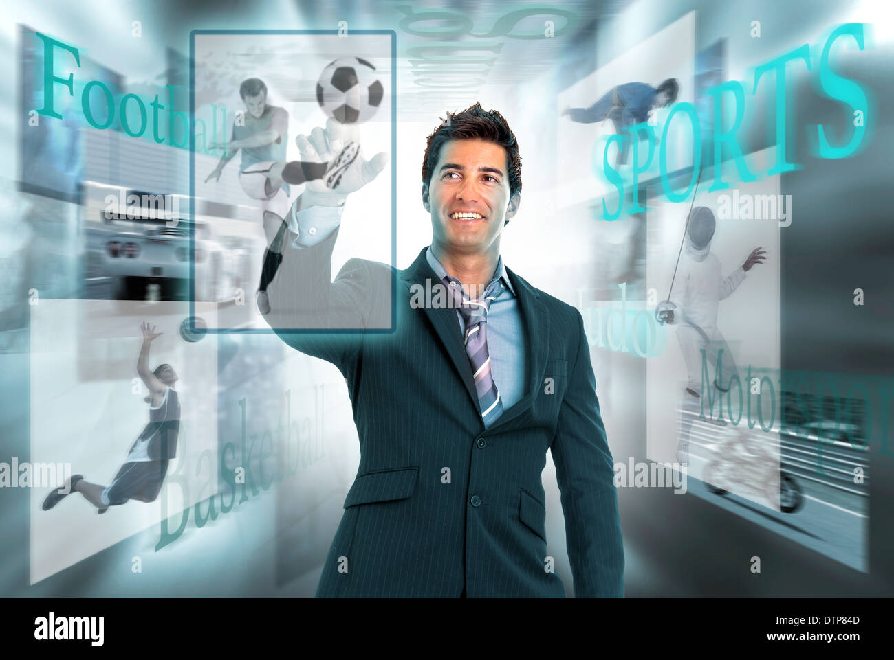 Businessman in a high-tech background with sports images Stock Photo ...