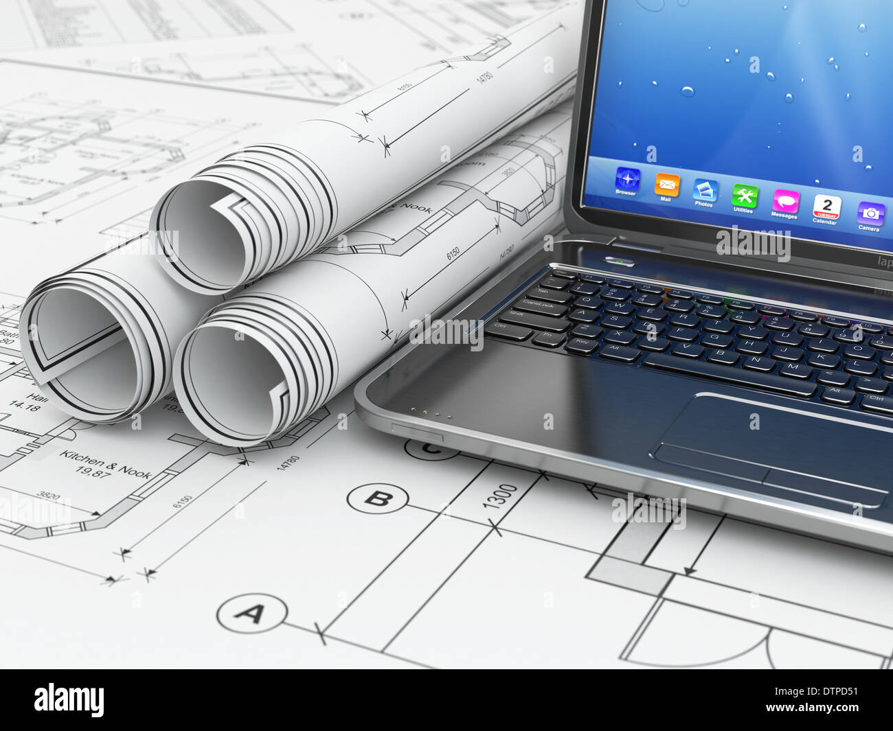 Laptop and blueprint with house project. 3d Stock Photo - Alamy