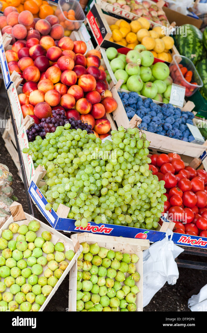 Fresh Fruit and vegetables display. vegan. outdoor Market Stall Korcula ...