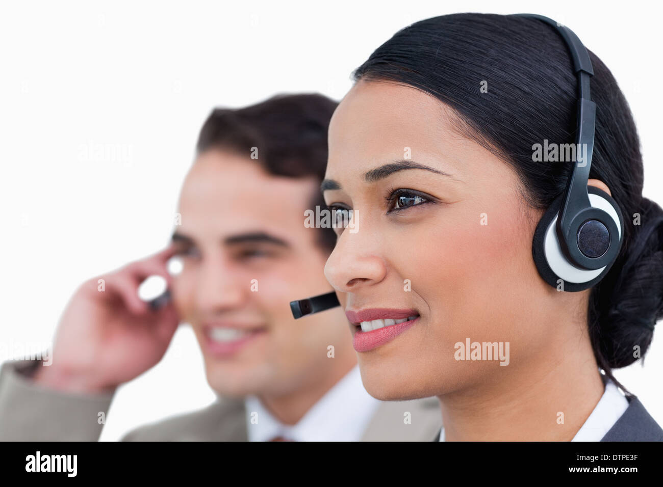 Close up side view of call center agents Stock Photo - Alamy