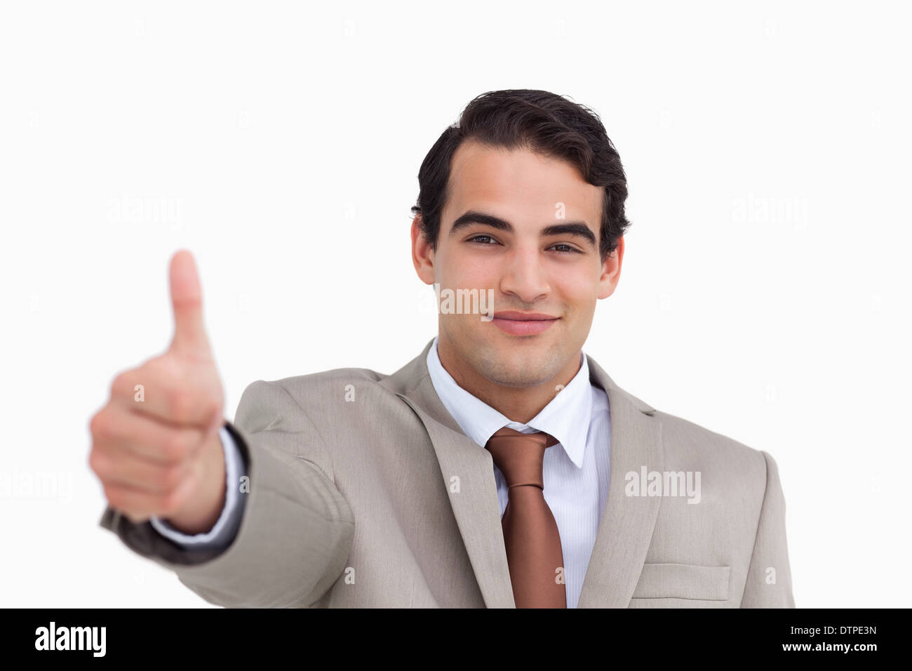 Close up of young salesman giving thumb up Stock Photo - Alamy