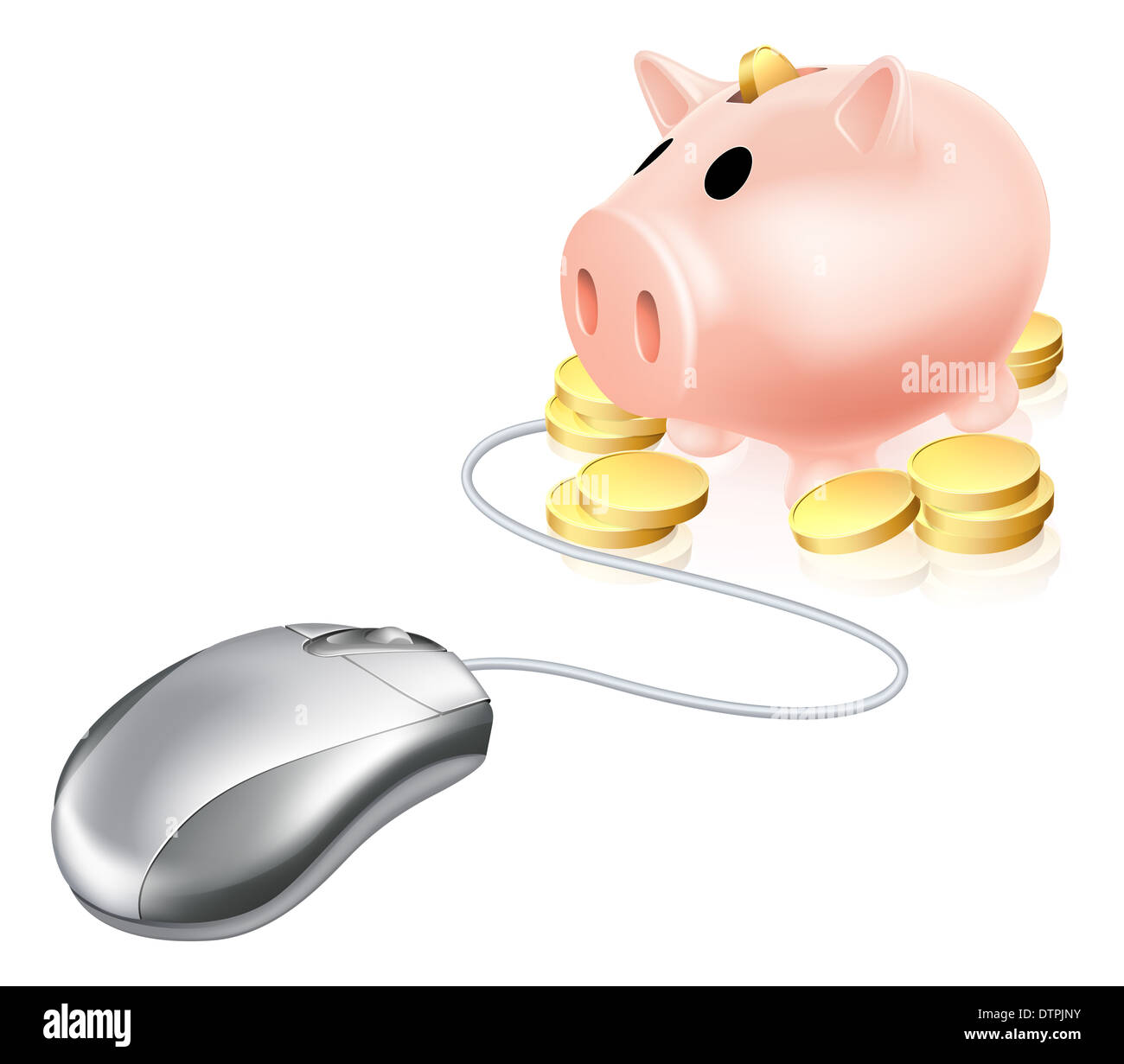 Computer mouse connected to a piggy bank with gold coins. Concept for ...