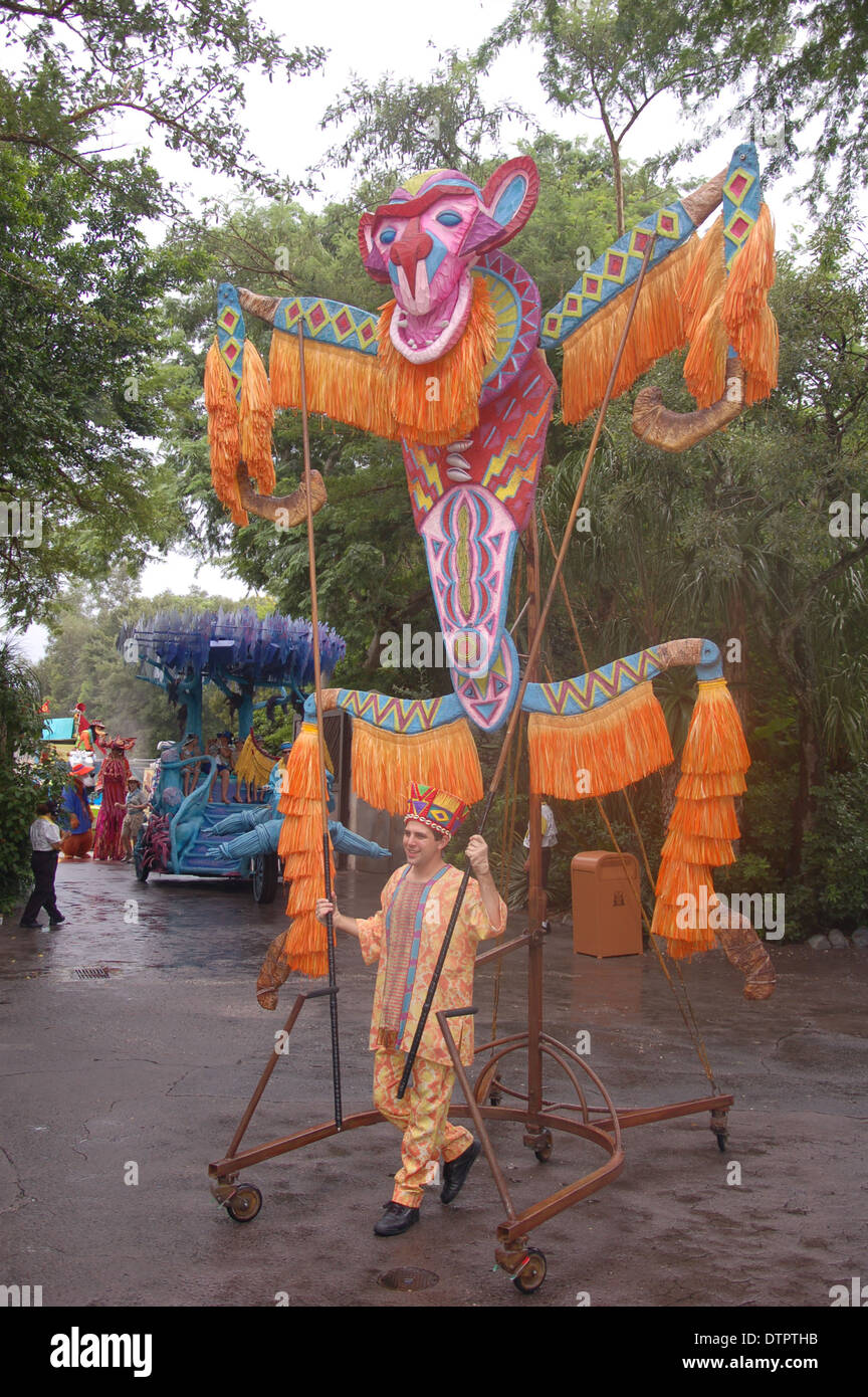 Large colourful floats parading at Mickey's Jamming Jungle Parade in ...
