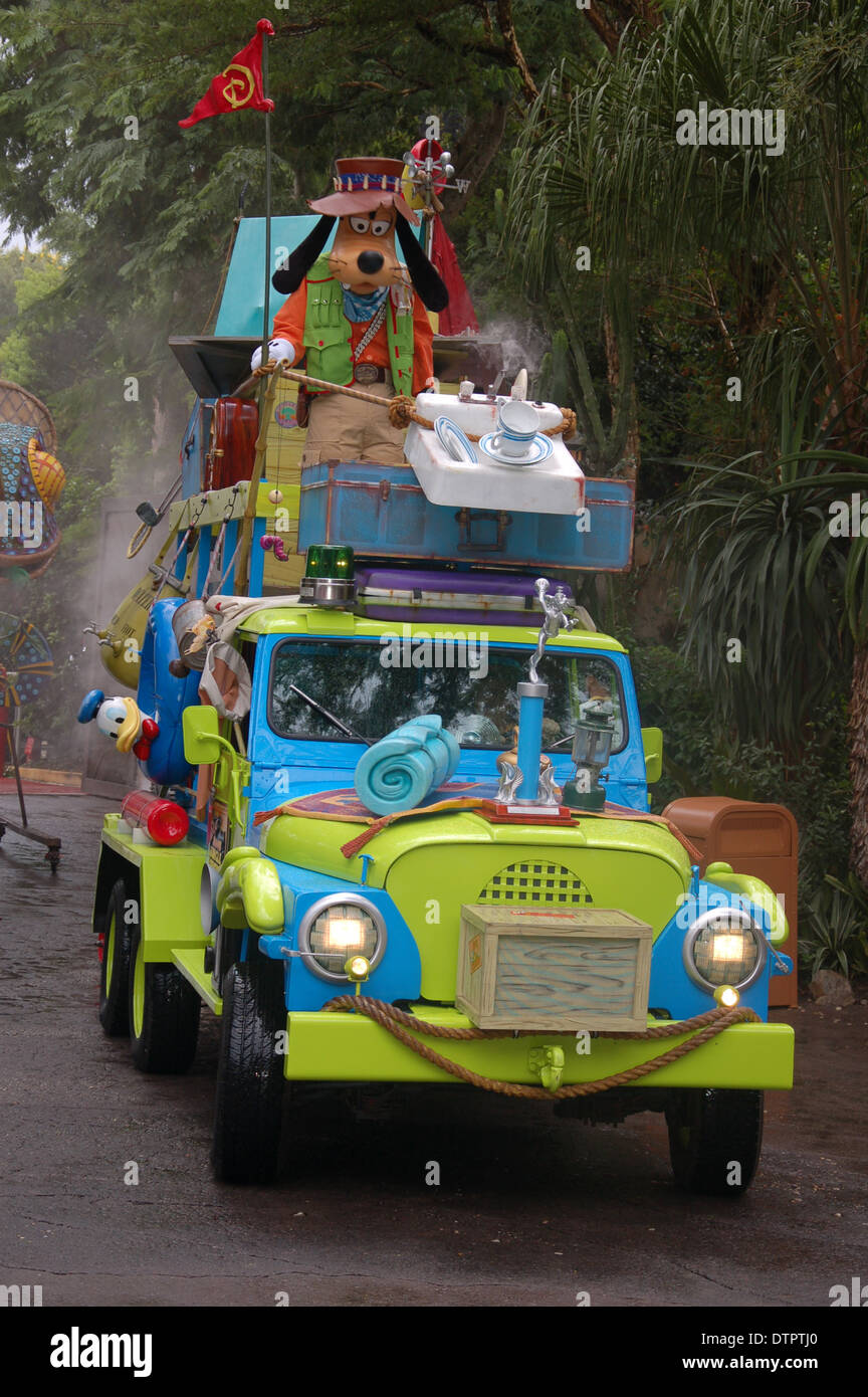 Goofy parading on a float at Mickey's Jamming Jungle Parade in Walt ...