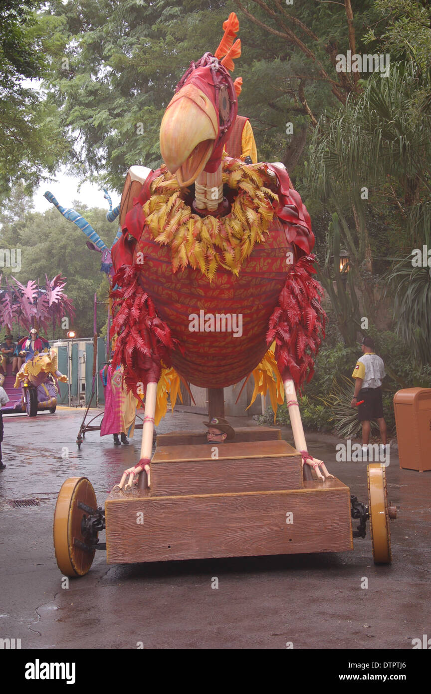 A large bird looking float parading at Mickey's Jamming Jungle Parade ...
