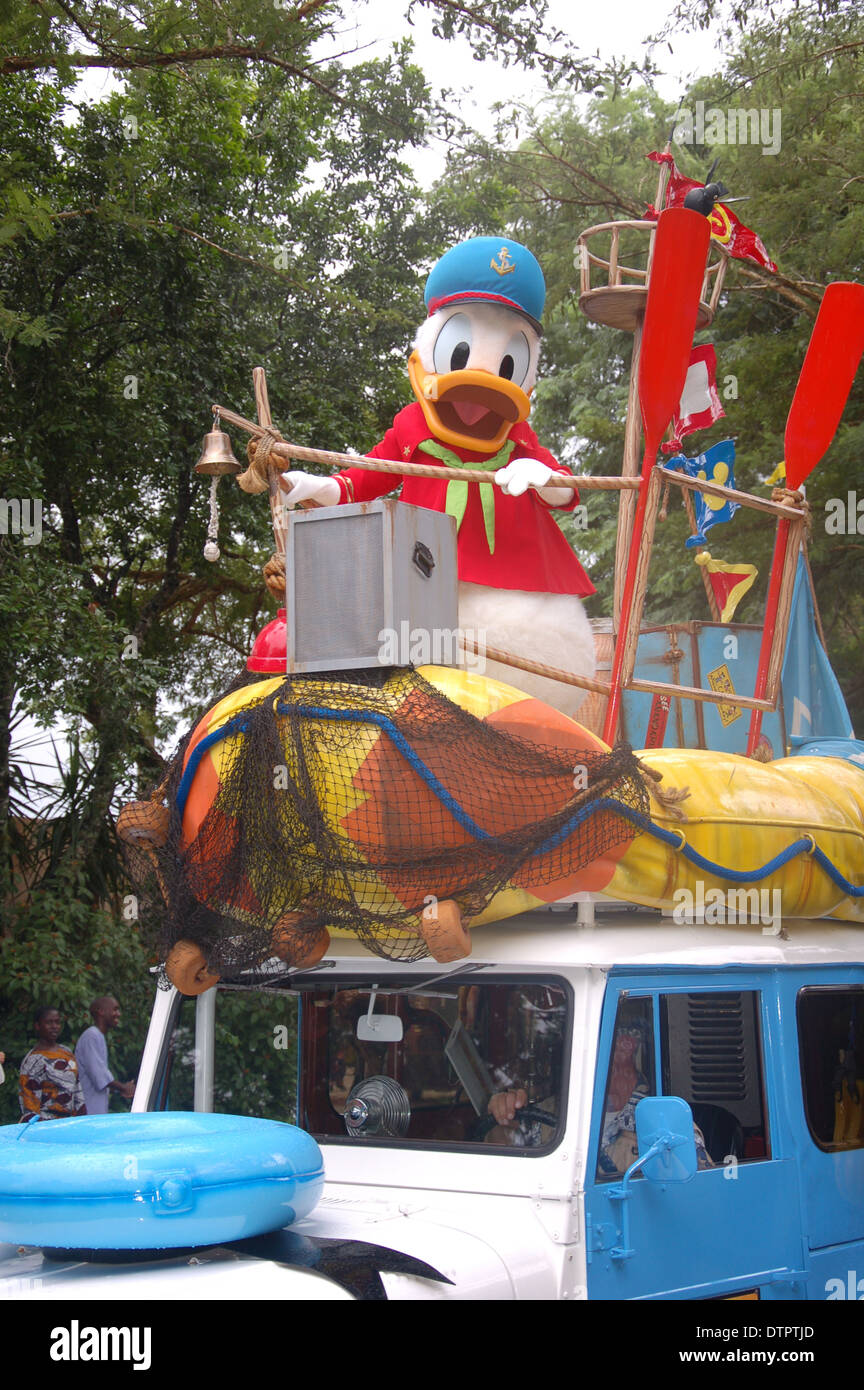 Donald Duck on a float parading at Mickey's Jamming Jungle Parade in ...