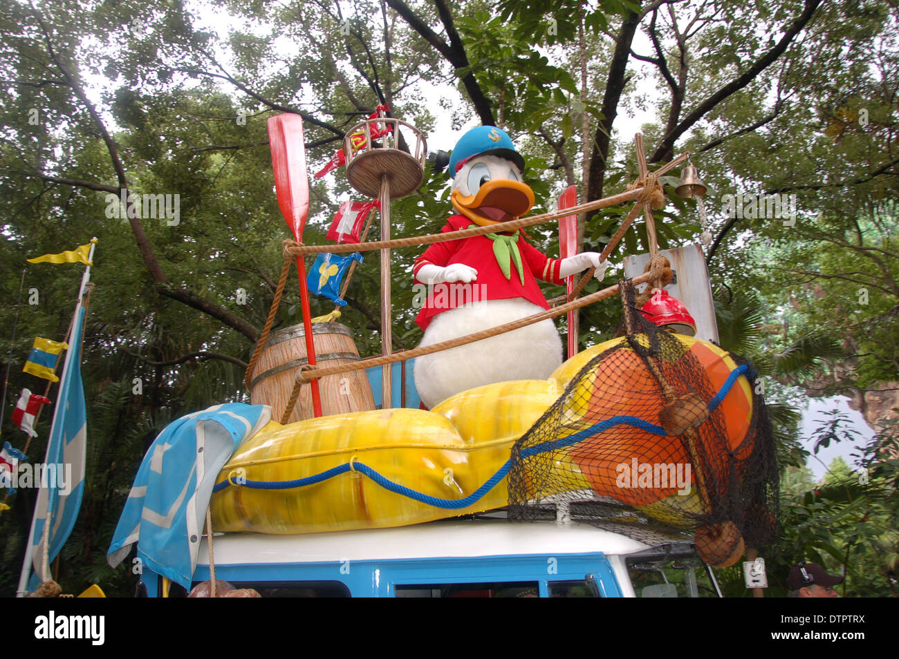 Donald Duck on a float parading at Mickey's Jamming Jungle Parade in ...