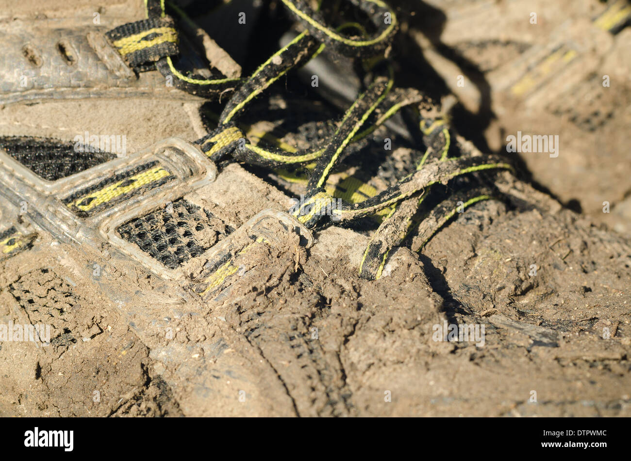 Muddy running shoes coated in mud from cross country training showing ...