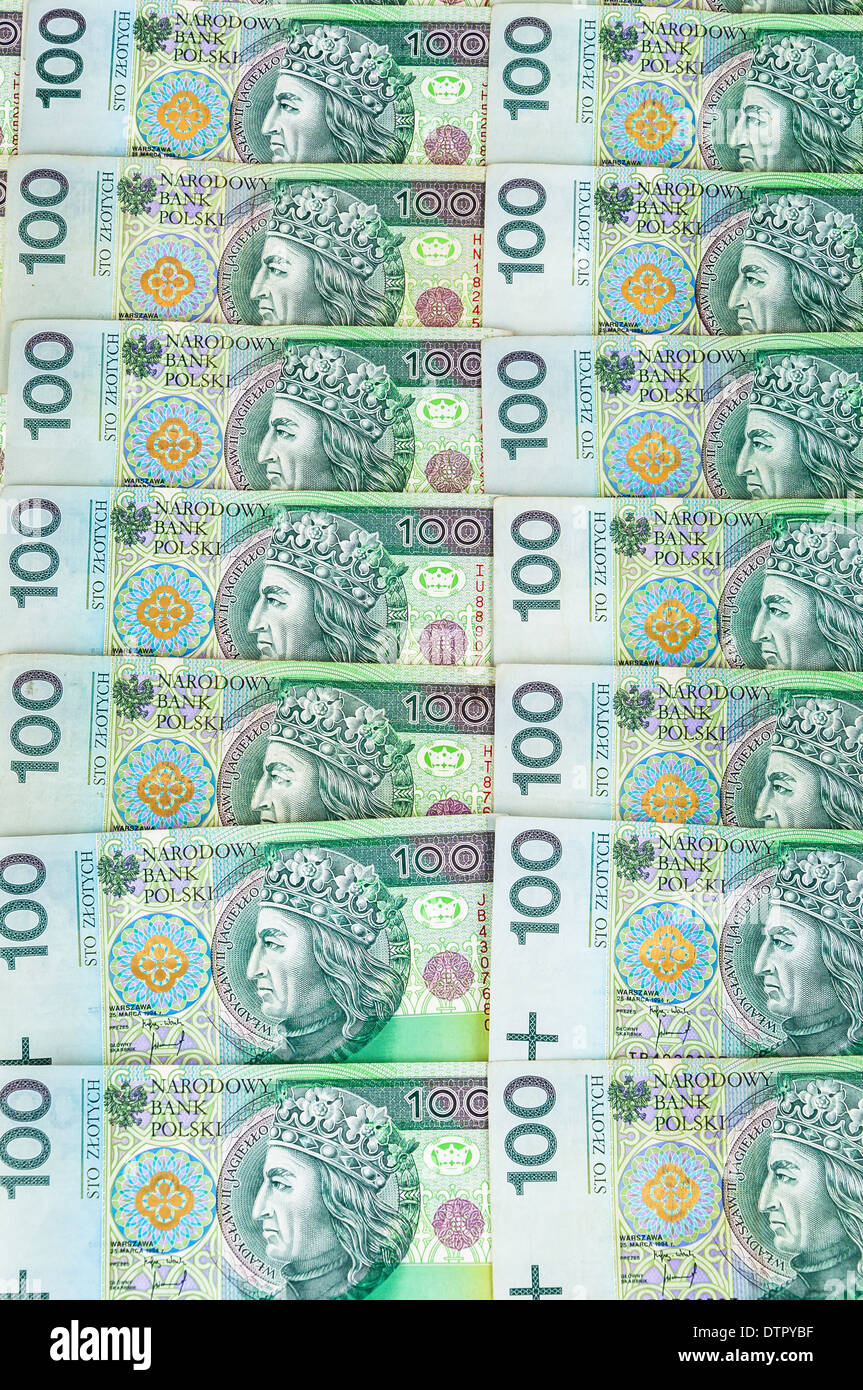 Background of 100 PLN (polish zloty) banknotes laying in a row Stock ...