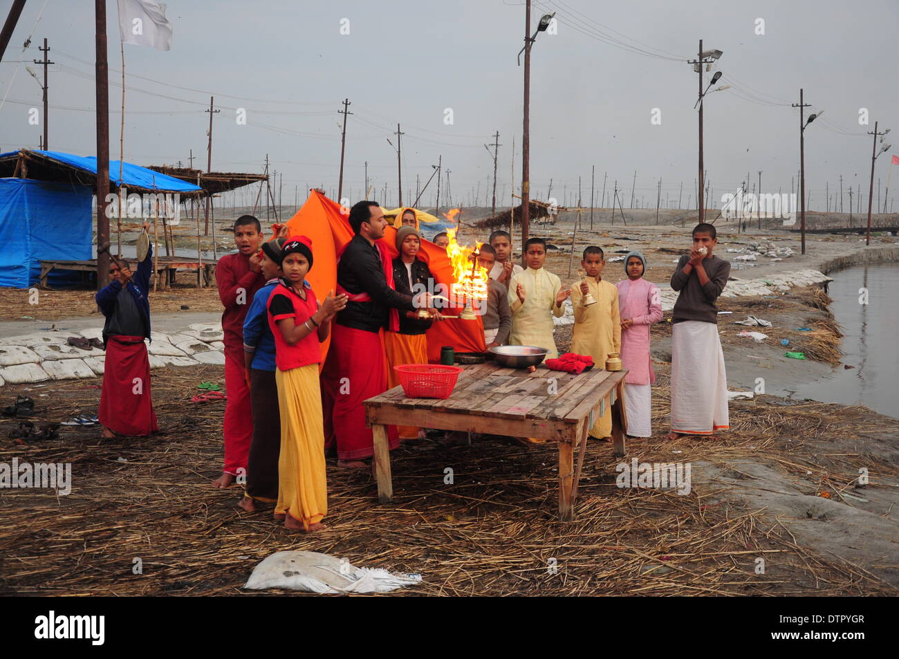 Allahabad, India - 22--02-2014: An Indian Hindu priest rotates a ...