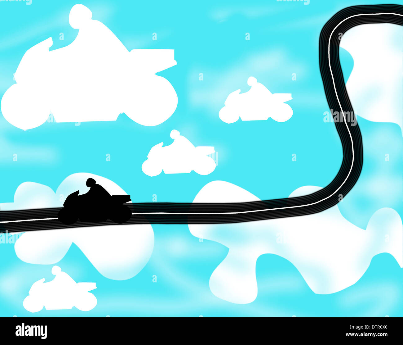 A digital illustration of a motorcyclist driving through the clouds ...