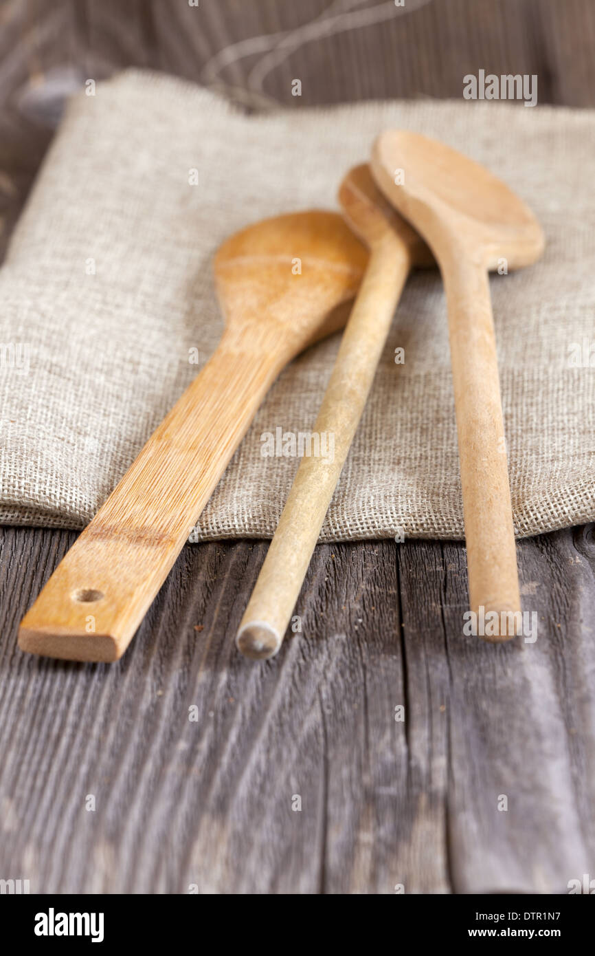 Some Cooking spoon lying on a table with copy space in the upper and ...