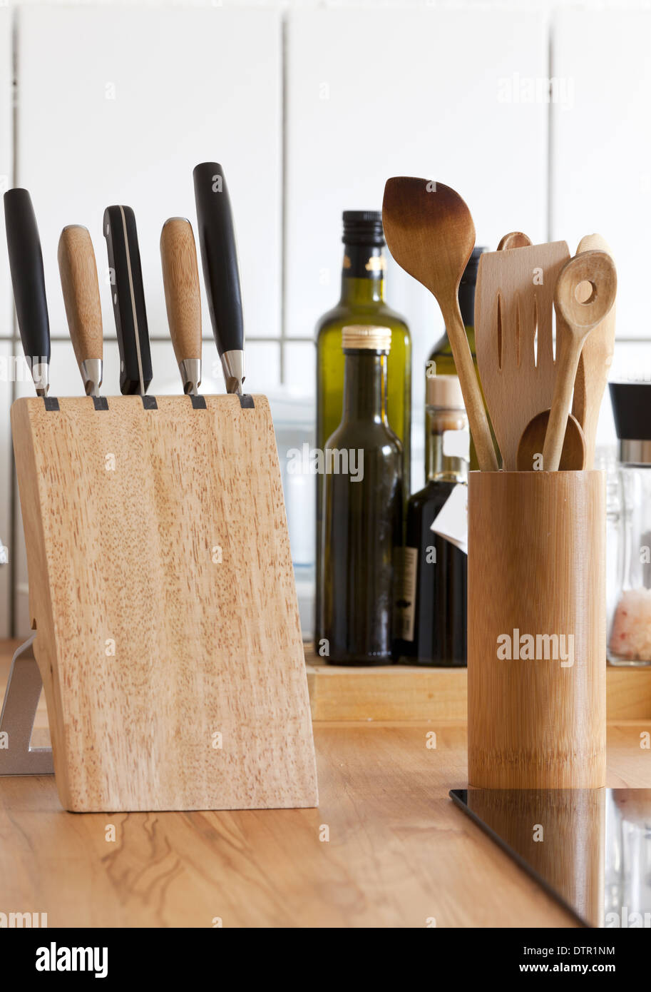 Kitchen with worktop, knife block ceramic hob with space for text in ...