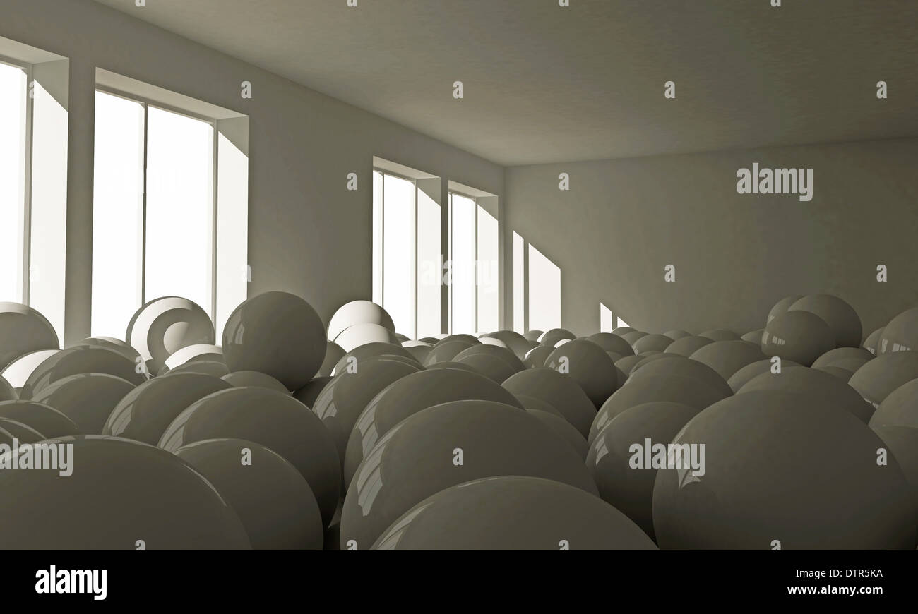 illustration of an empty white room with white balls on the floor Stock ...