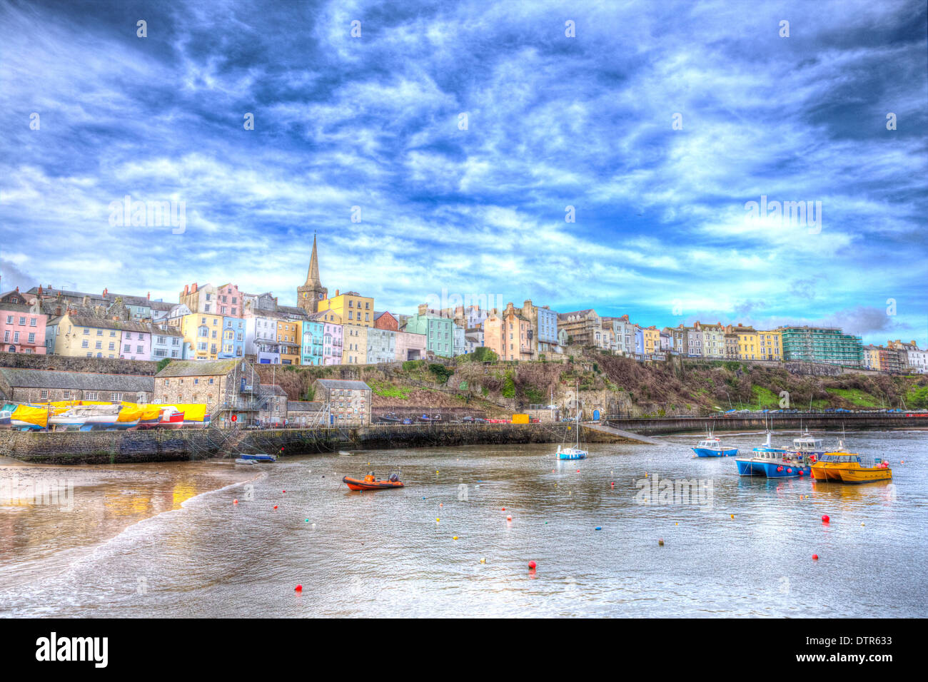 Tenby church and harbour Pembrokeshire Wales historic Welsh town on ...