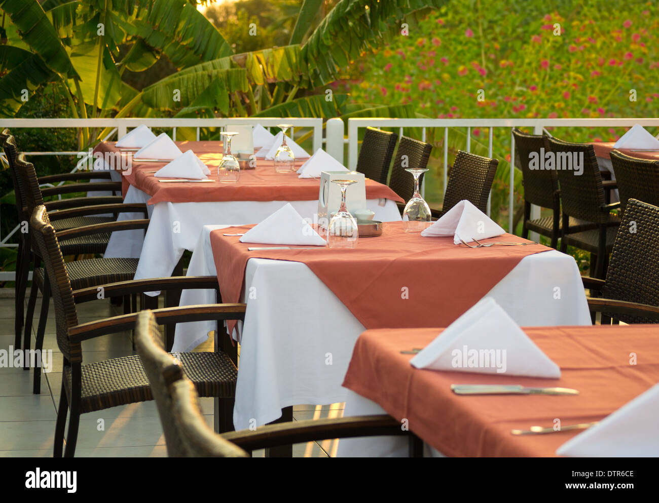 tables at the restaurant, served for a supper on an open terrace Stock ...