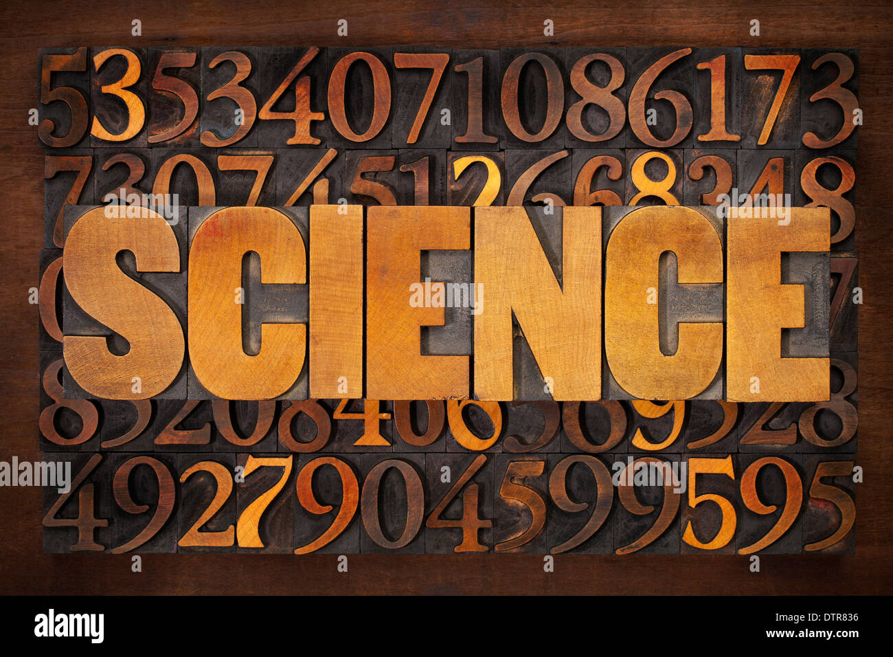 science word in vintage letterpress wood type against number background ...