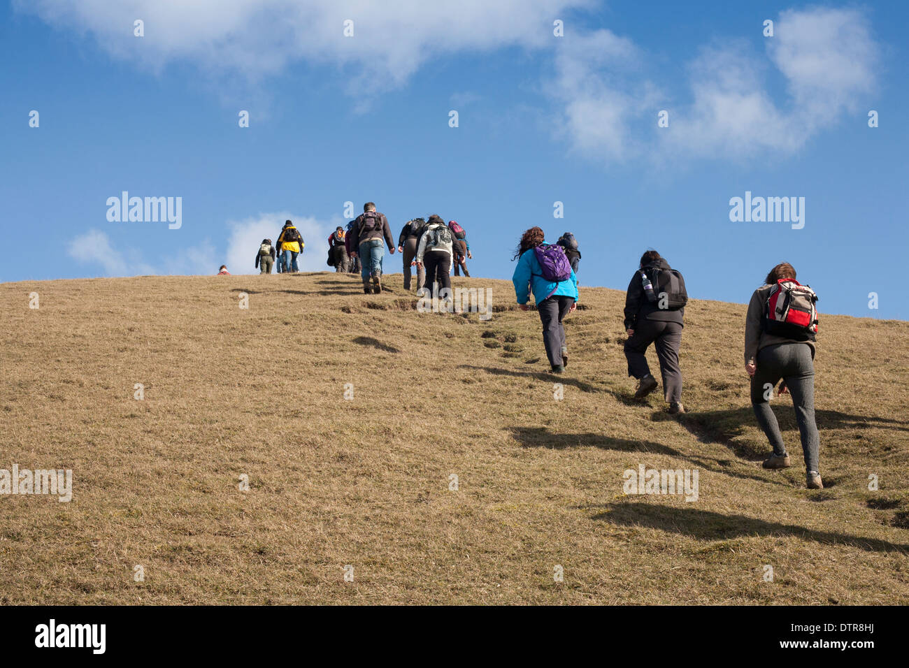 Country ramblers walking over brow of hill Stock Photo - Alamy