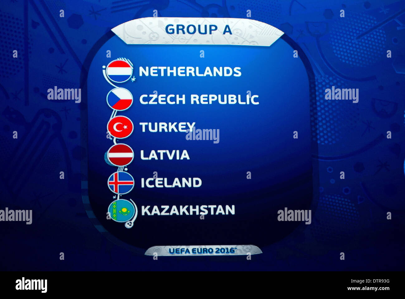 Nice, France. 23rd Feb, 2014. The draw for Group A is on display during ...