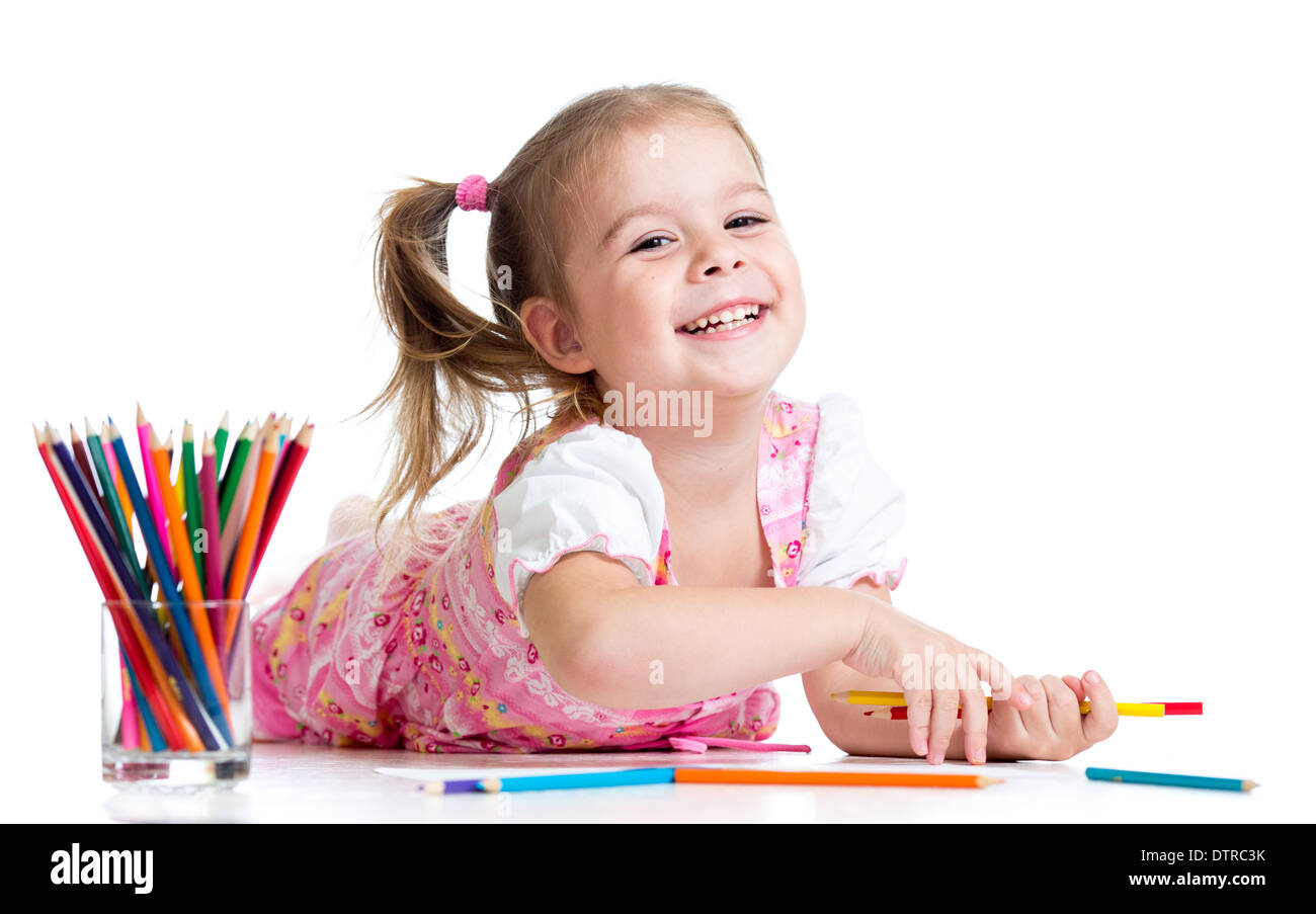 kid girl drawing with pencils Stock Photo - Alamy