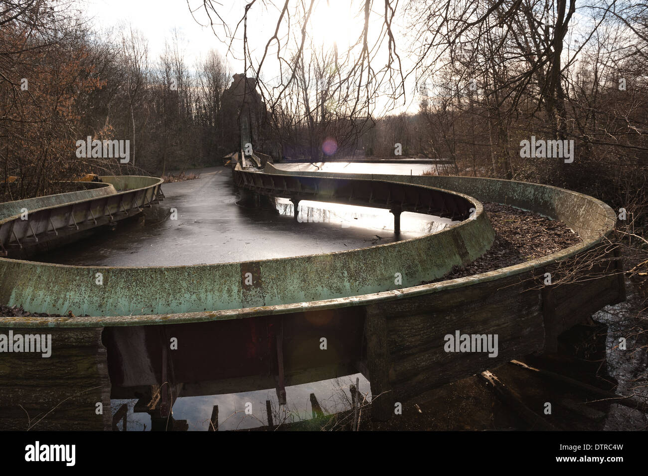 Abandoned derelict recreational forgotten amusement fun park with ruins ...