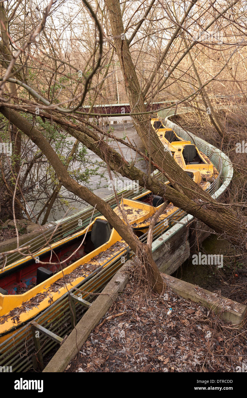 Abandoned derelict recreational forgotten amusement fun park with ruins ...