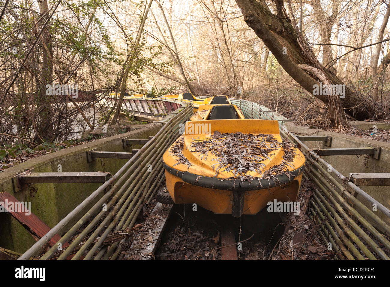 Abandoned derelict recreational forgotten amusement fun park with ruins ...