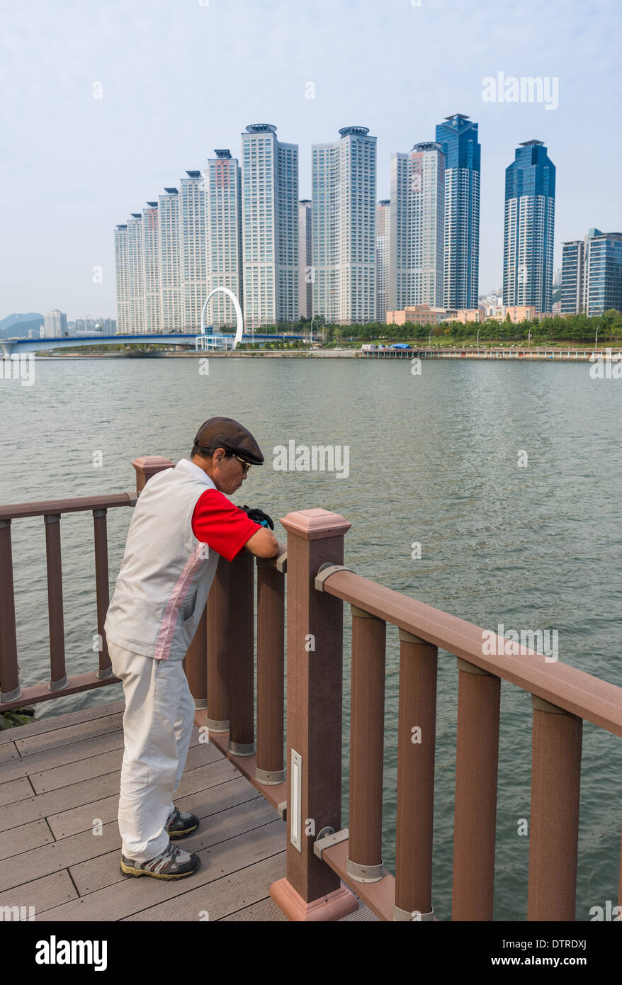 Suyoung river, with Centum city apartment blocks. Pusan, South Korea ...
