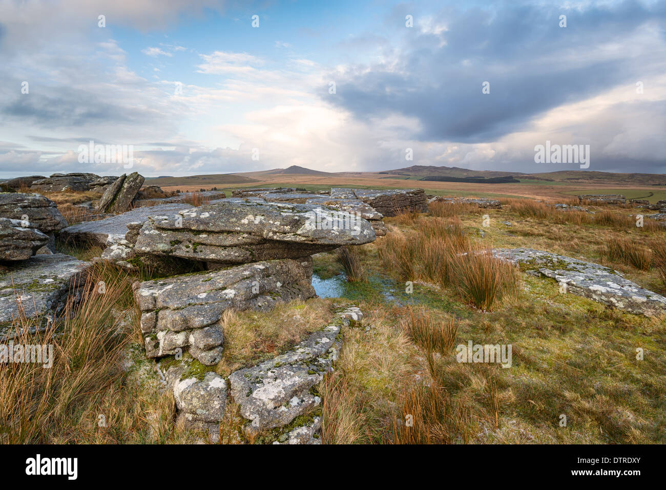 Wild landscape of Bodmin Moor in Cornwall looking towards the peaks of ...