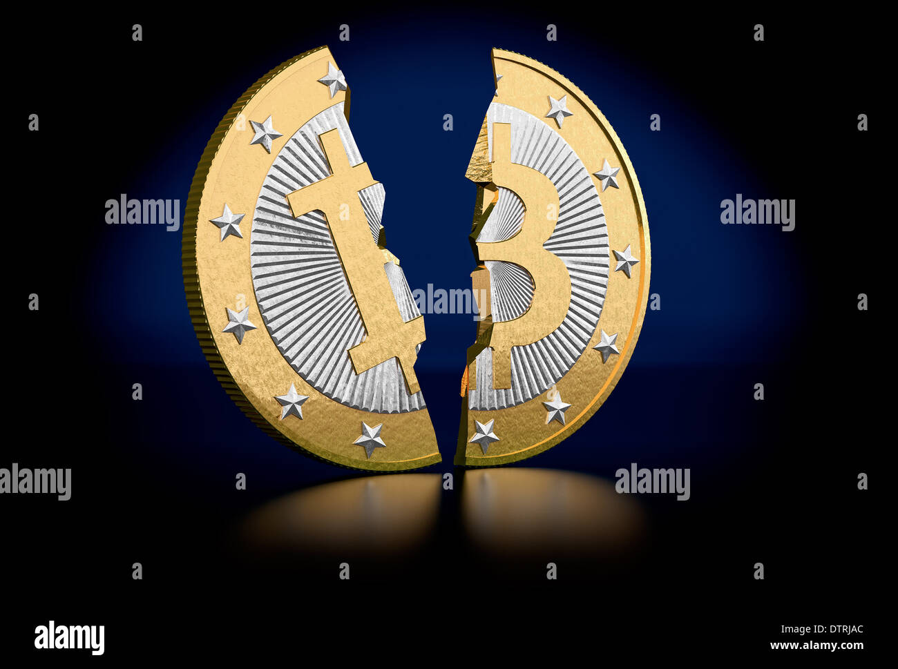 Bitcoin - broken in two Stock Photo - Alamy