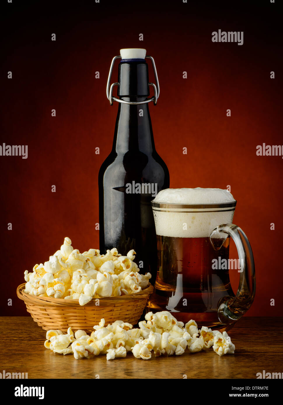 still life with traditional homemade popcorn snack and beer Stock Photo ...