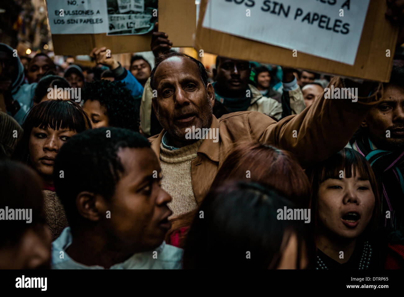 Barcelona, Spain. February 23rd, 2014: An immigrant shouts slogans ...