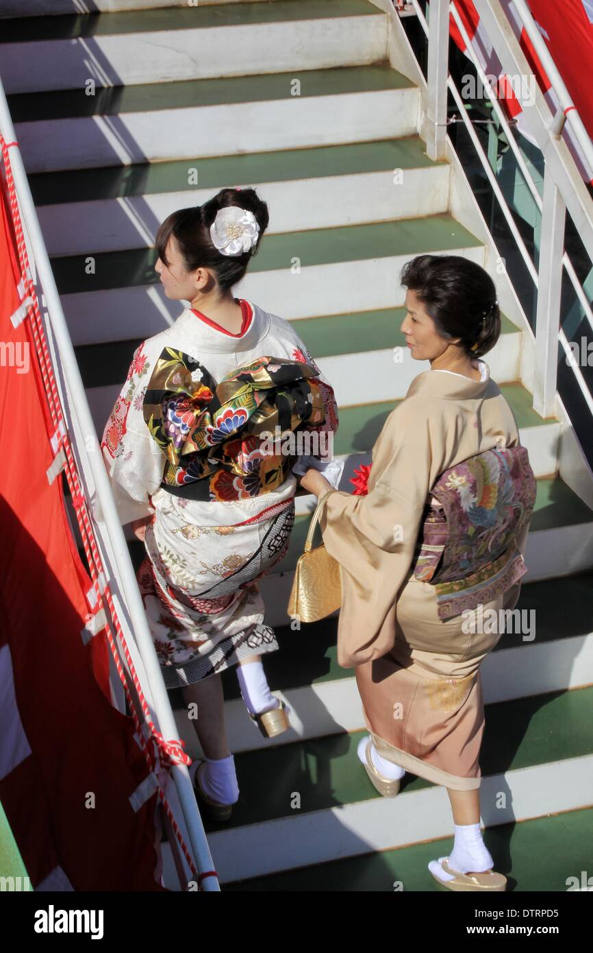 Ehime, Japan. 22nd Feb, 2014. The young lady who will launch the ship ...